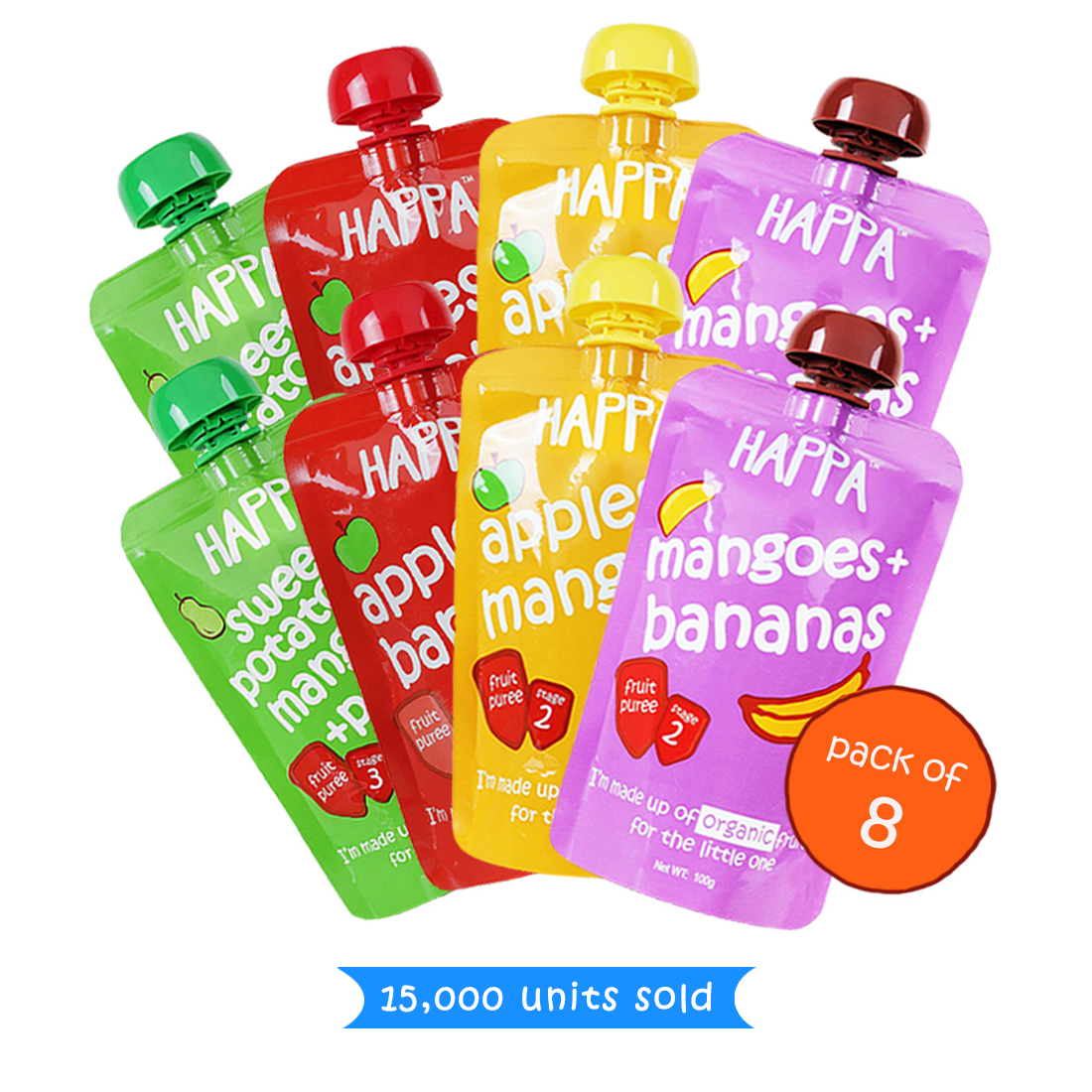 Happa Apple+Mango, Mango+Banana, Apple+Banana, Sweet Potato+Mango+Pear